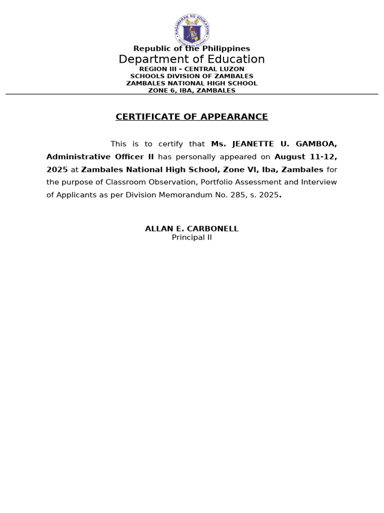 Certificate of Appearance Blank | PDF