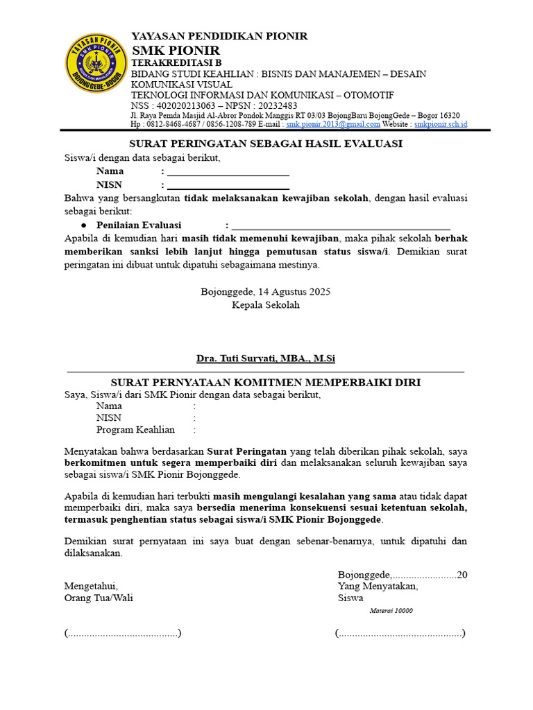 Surat Peringatan dan Komitmen Siswa SMK Pionir | PDF