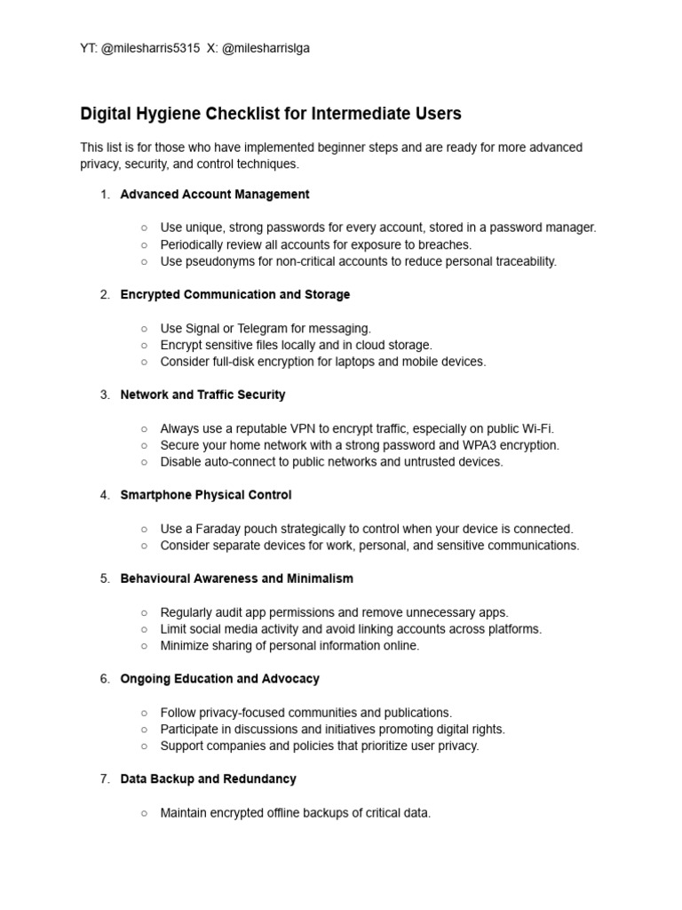 Digital Hygiene Checklist For Intermediate | PDF