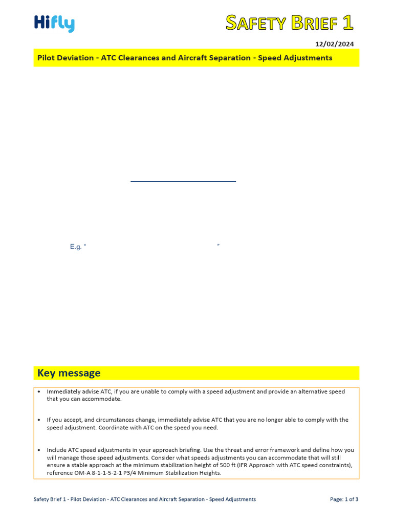 Safety Brief 1 - Pilot Deviation - ATC Clearances and Aircraft Separation - Speed Adjustments ...