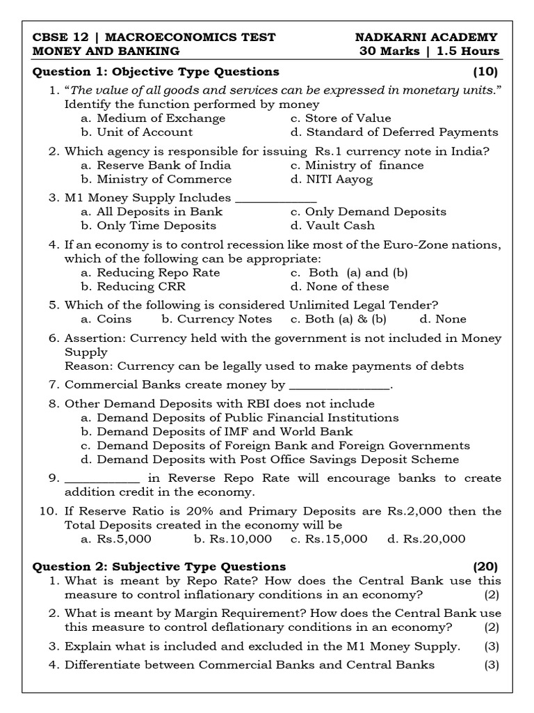 CBSE 12 Macroeconomics Money & Banking Test | PDF | Money | Currency