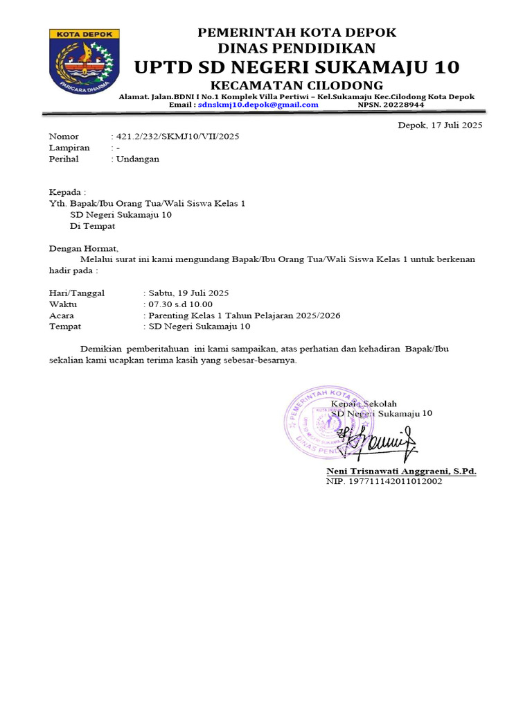 Undangan Parenting Kelas 1 SD 2025 | PDF