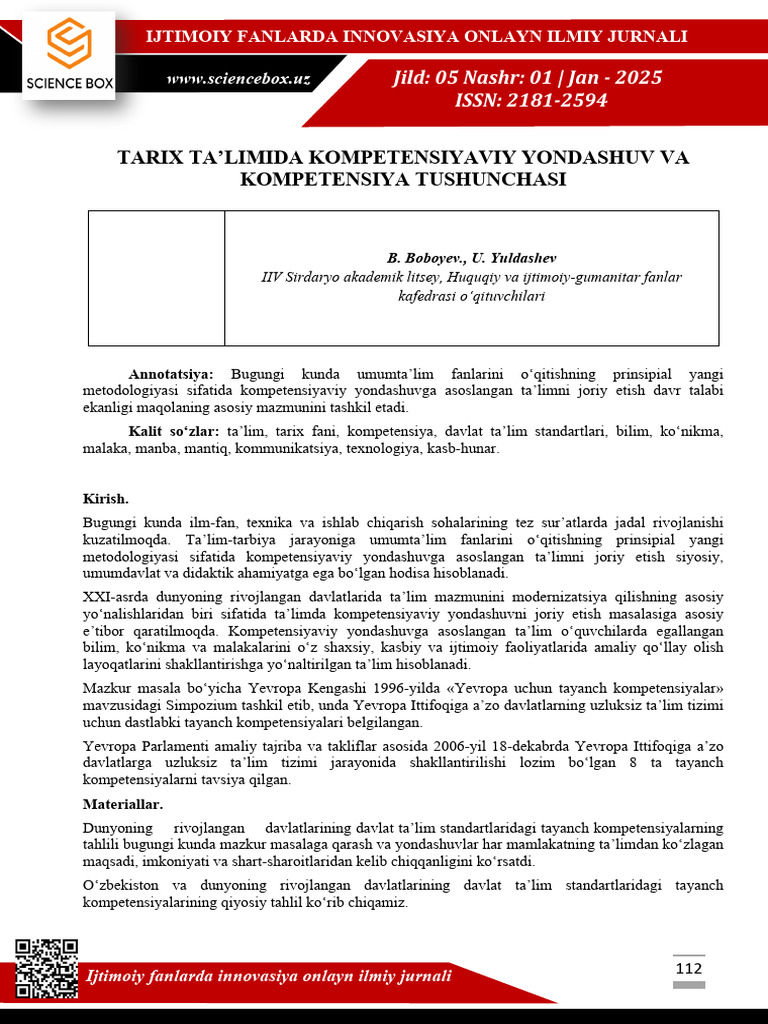 Tarix Ta'Limida Kompetensiyaviy Yondashuv Va Kompetensiya Tushunchasi | PDF