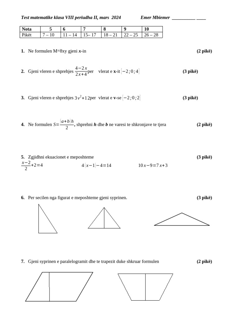 Nota 5 6 7 8 9 10: Test Matematike Klasa VIII Periudha II, Mars 2024 ...