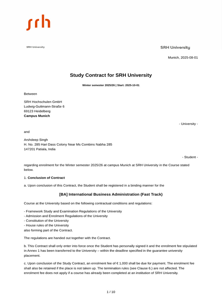 SRH Contract Non-EU (Arshdeep Singh) - 1 | PDF | Fee | Insurance