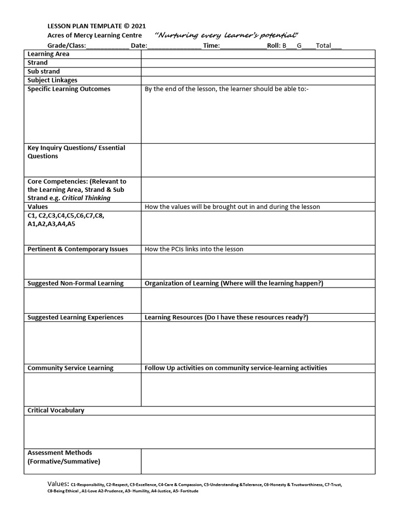 CBE Lesson Plan Template Kenya | PDF | Lesson Plan | Learning