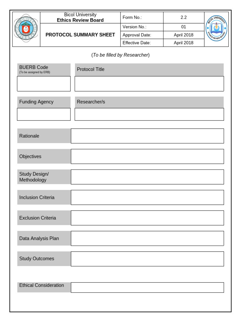 Form 2.2 Protocol Summary Sheet | PDF