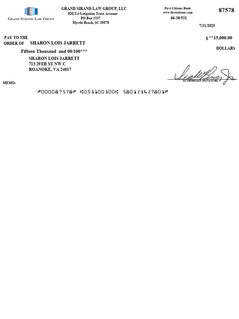 15,000.00 $ Sharon Lois Jarrett Fifteen Thousand and 00/100 | PDF