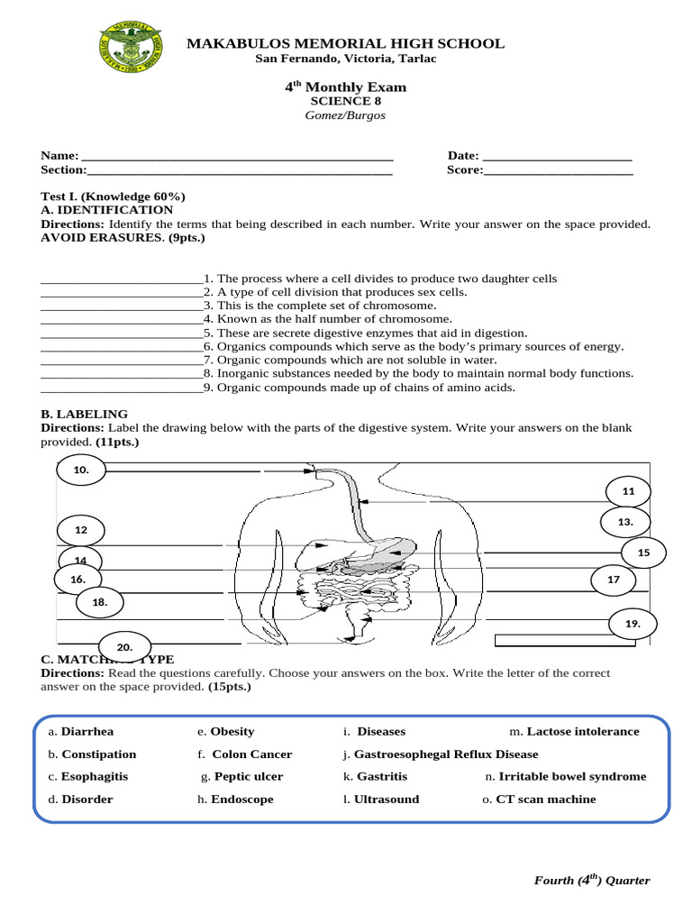 Science 8 4th Monthly Exam | PDF | Gastrointestinal Tract | Constipation