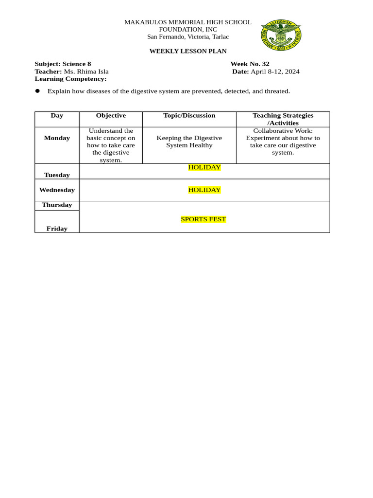 Weekly Lesson Plan Week 32 33 | PDF | Lesson Plan