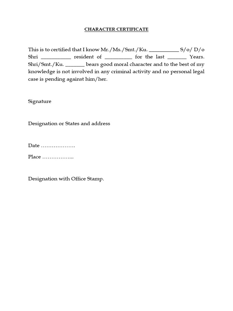 Character Certificate Format Template | PDF