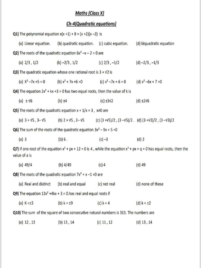 Class 10 Quadratic Equations Guide | PDF | Quadratic Equation | Equations