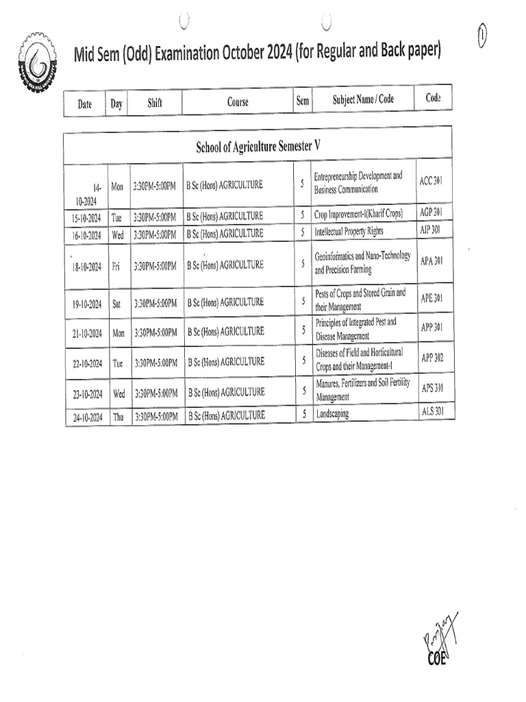 Mid Sem Schedule V Sem | PDF