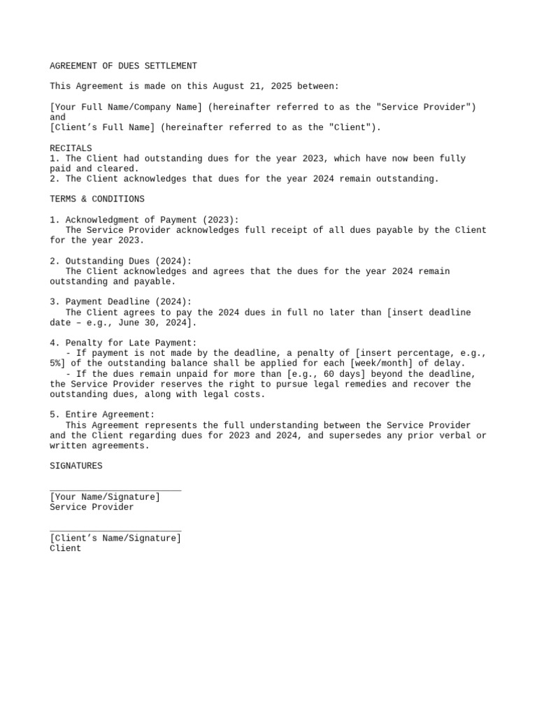 Dues Settlement Agreement 2023-2024 | PDF