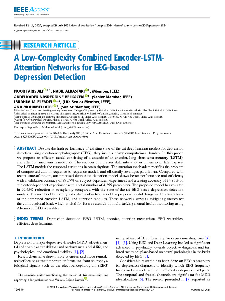A Low-Complexity Combined Encoder-LSTM-Attention Networks For EEG-based Depression Detection ...