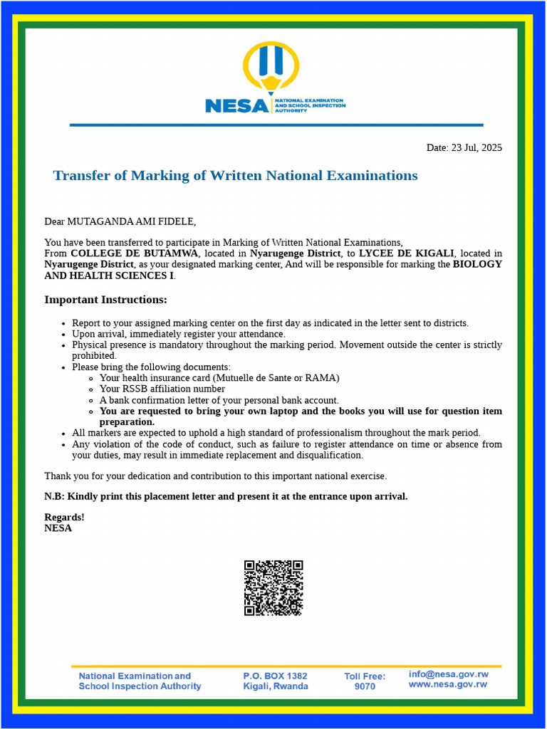 Transfer of Marking of Written National Examinations: Important ...
