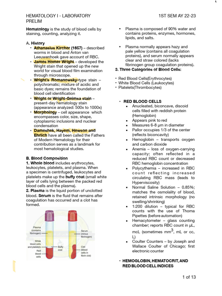 Hematology 1 Laboratory Prelim - Review Notes | PDF | Blood Cell | Red ...