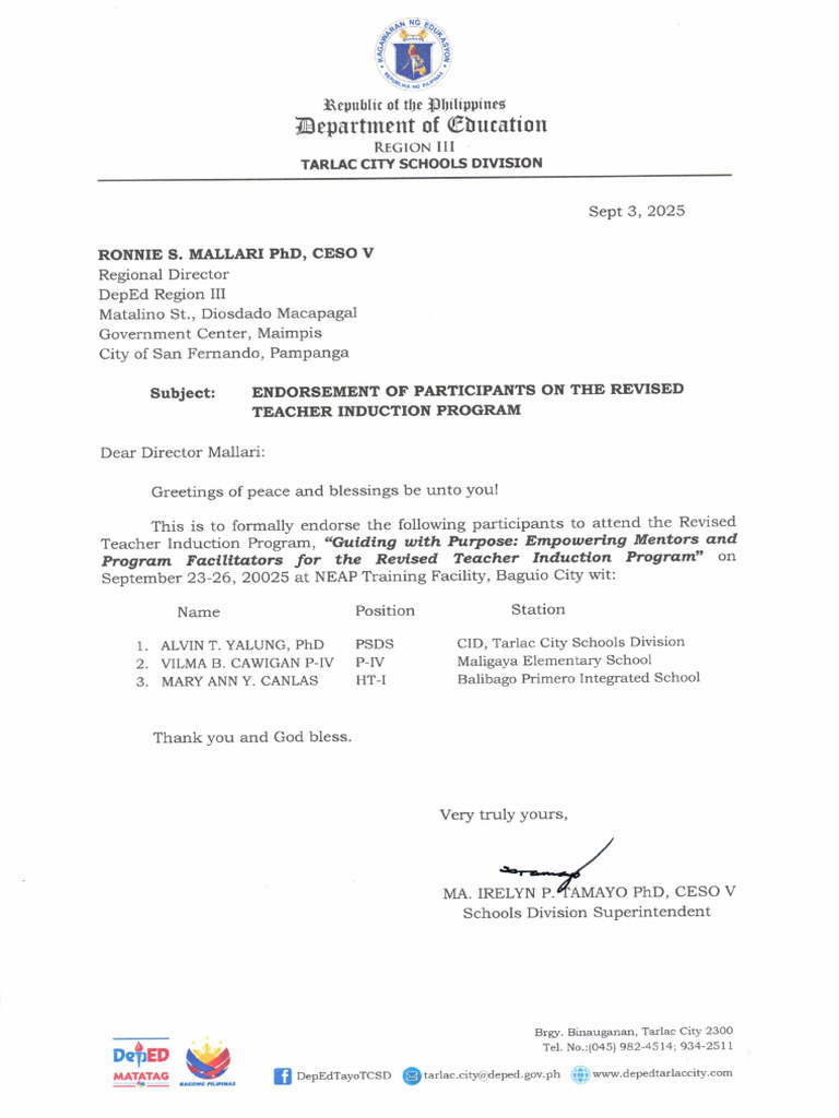 Letter To Ronnie S. Mallari - Endorsement of Participants On The ...