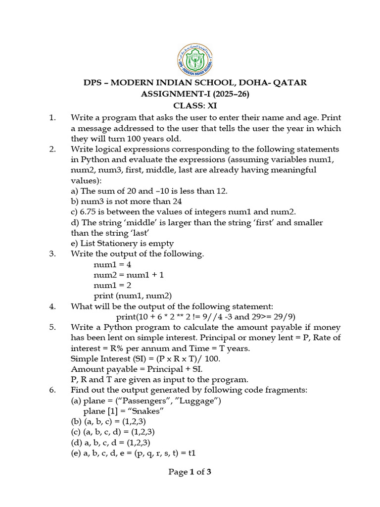 Python Programming Assignment for Class XI | PDF | String (Computer ...