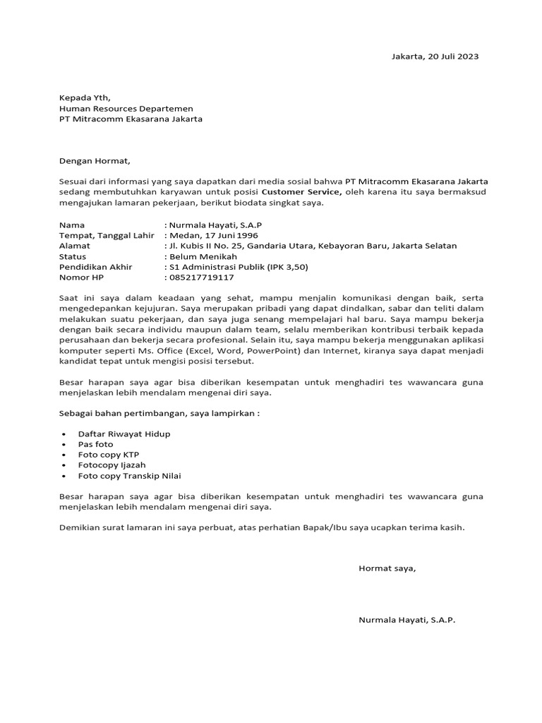 Lamaran Kerja PT Mitracomm Ekasarana_compressed | PDF