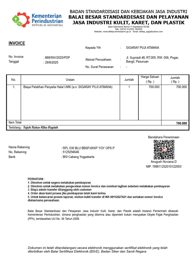 Invoice No. 868 INV 2025 PDP Sign | PDF