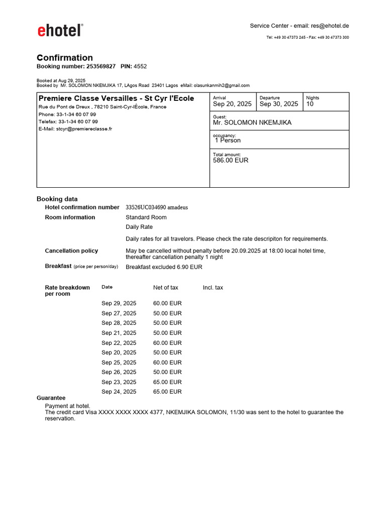 Reservation Confirmation EHotel-253569827 MR - soloMONNKEMJIKA | PDF ...
