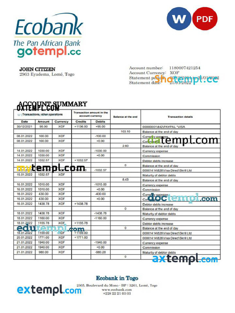 Doctempl - Togo Ecobank Bank Statement Template in Word and PDF Format ...