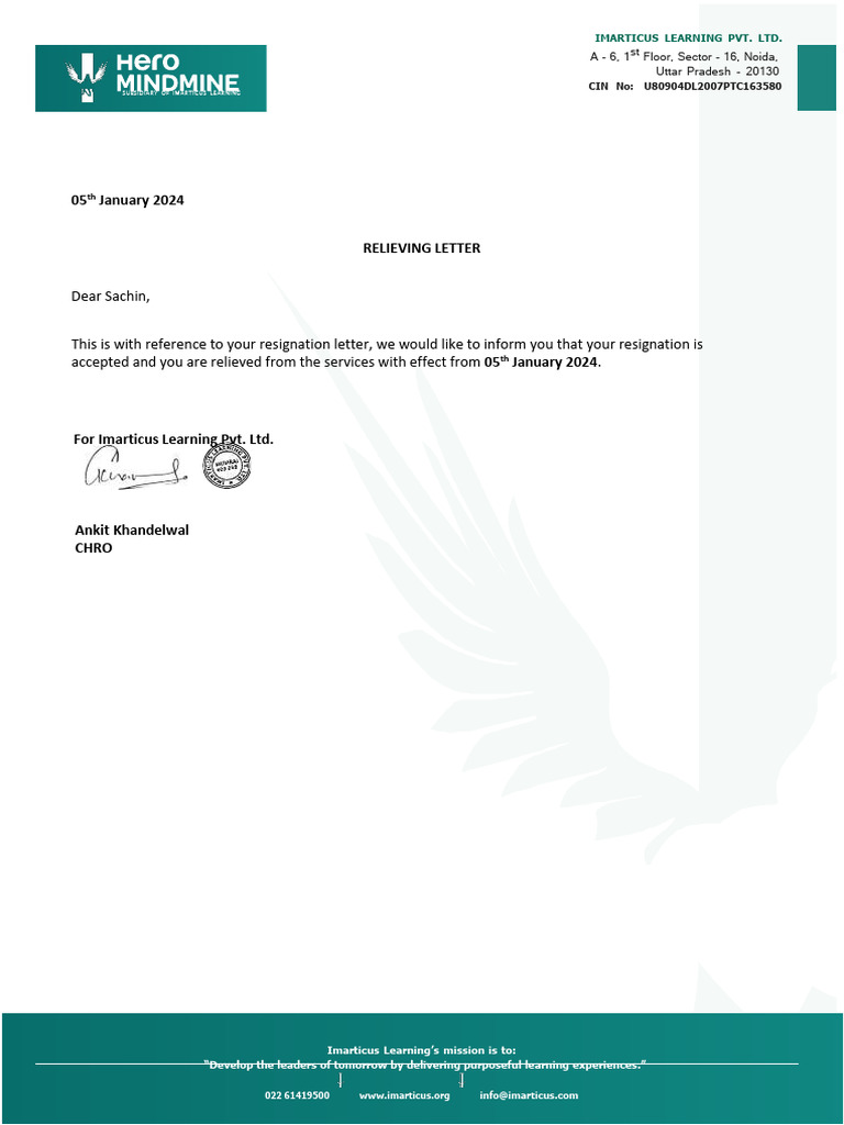 Relieving Letter - Sachin Ray | PDF