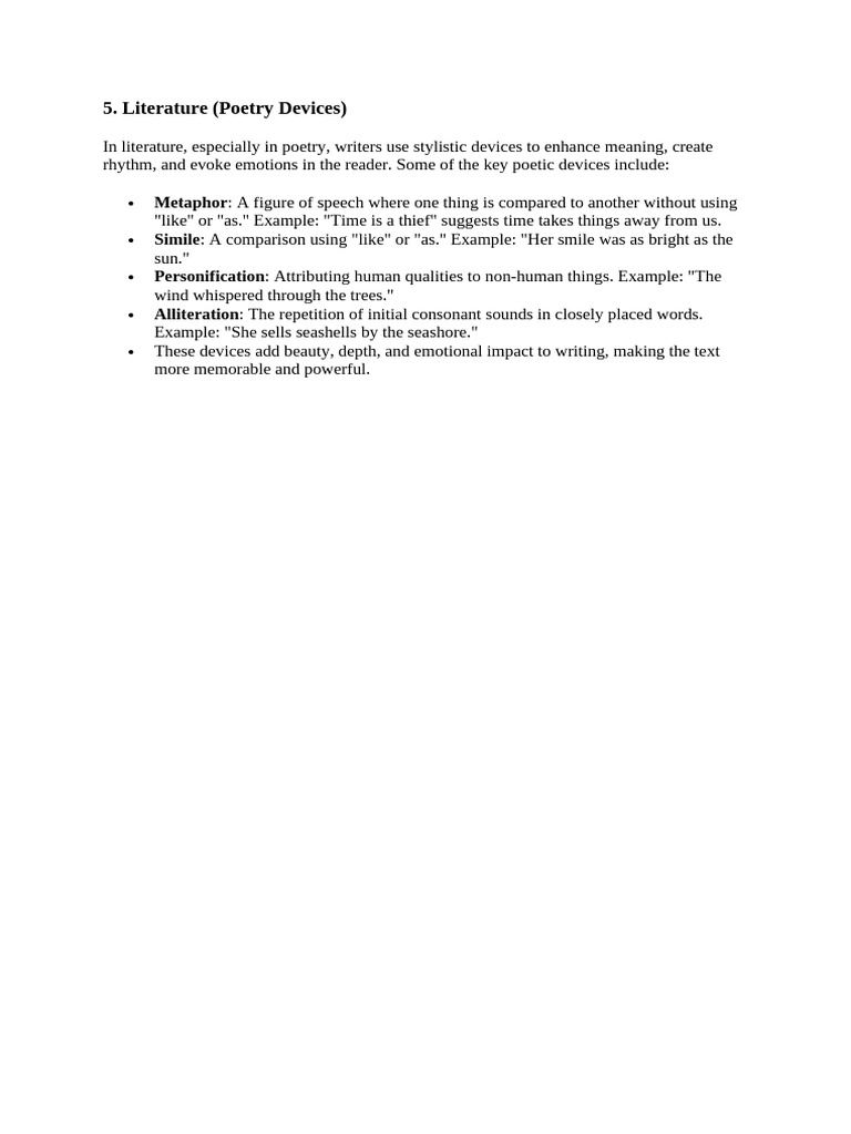 Literature (Poetry Devices) : Metaphor Simile Personification Alliteration | PDF