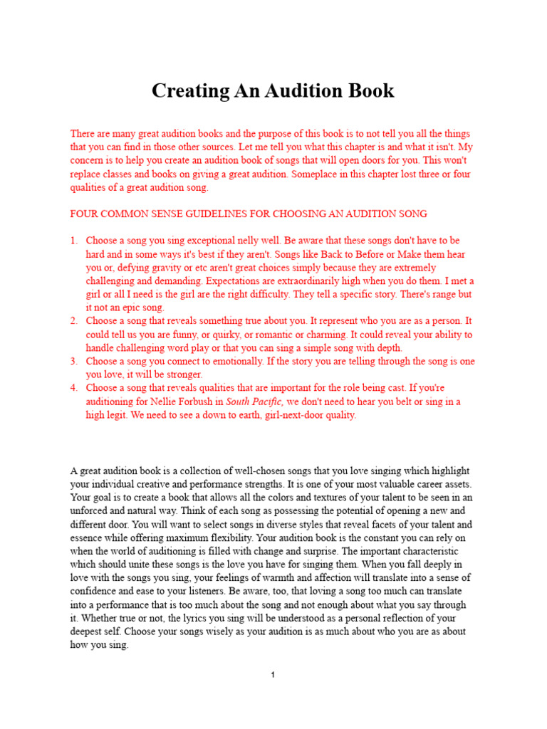 Creating An Audition Book | PDF | Audition | Musical Theatre