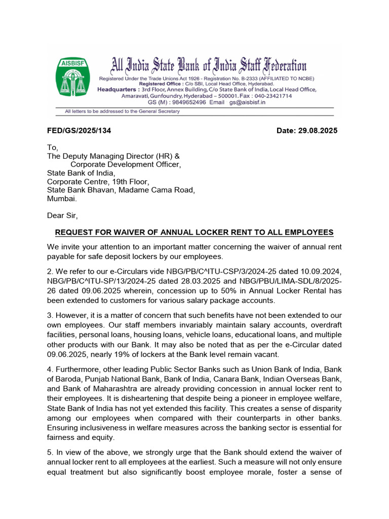 Letter No.134 DMD HR & Cdo - Waiver of Annual Locker Rent To All ...