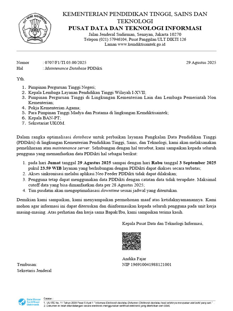 Surat Edaran - Maintenance Database PDDikti_250829_232043 | PDF