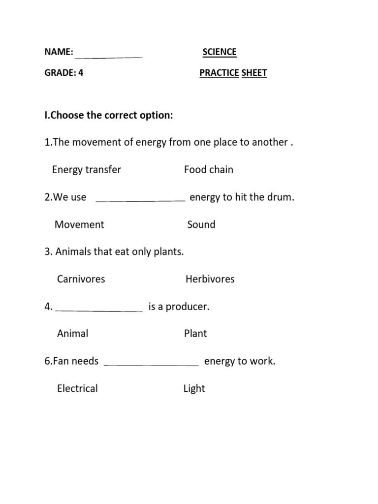 Grade 4 Science Energy Practice Sheet | PDF