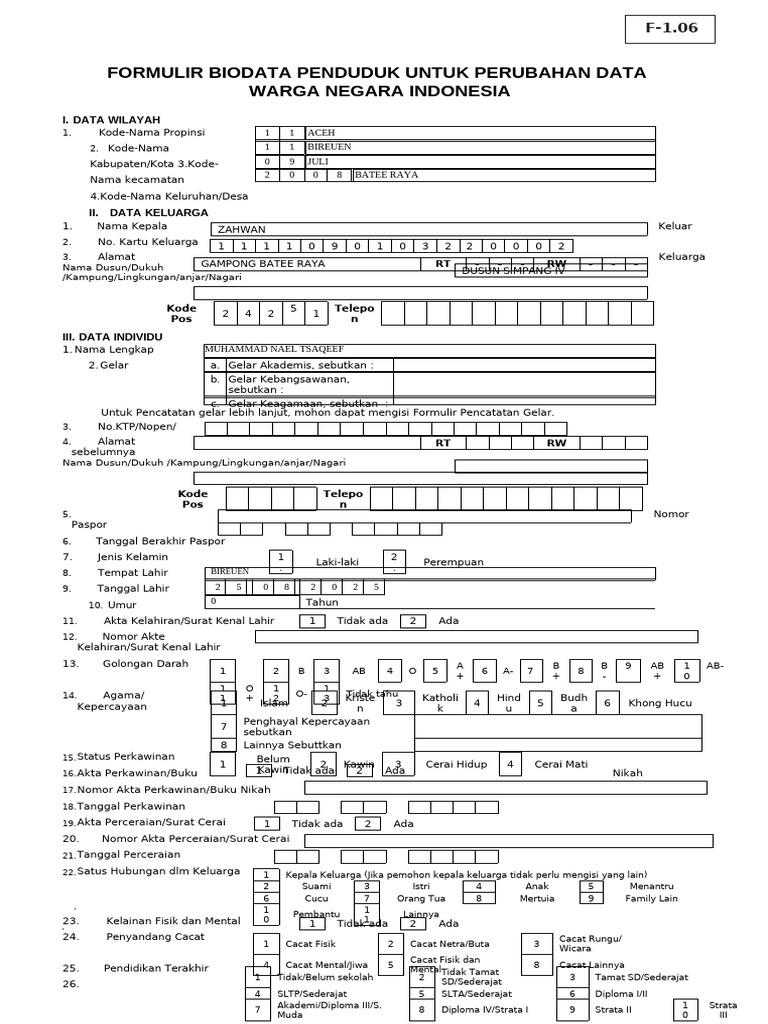 Formulir Biodata Penduduk Untuk Perubahan Data Warga Negara Indonesia | PDF