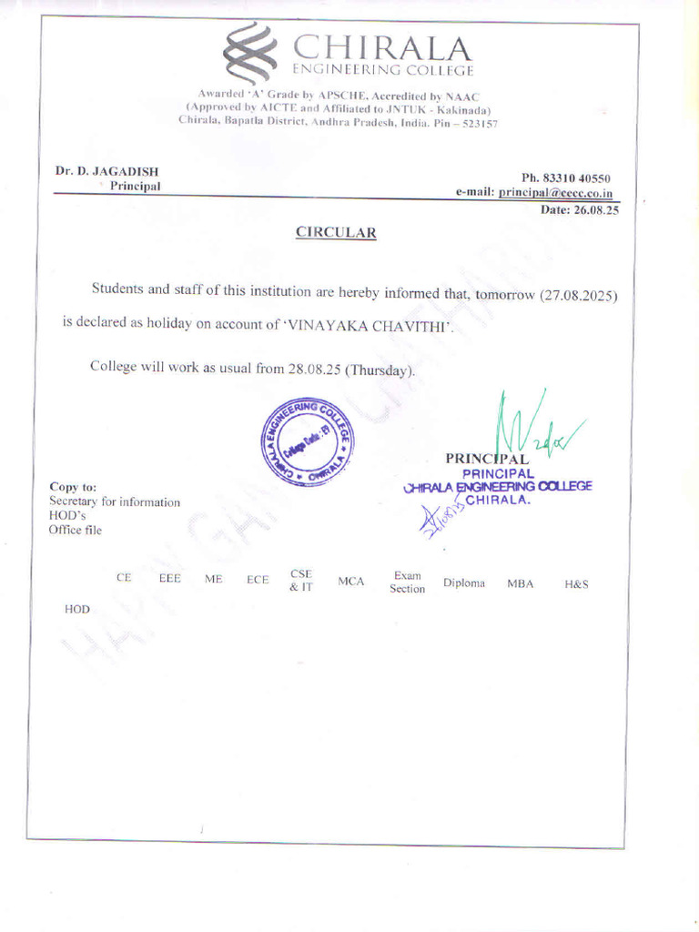 Vinayakachavithi Holiday Circular | PDF