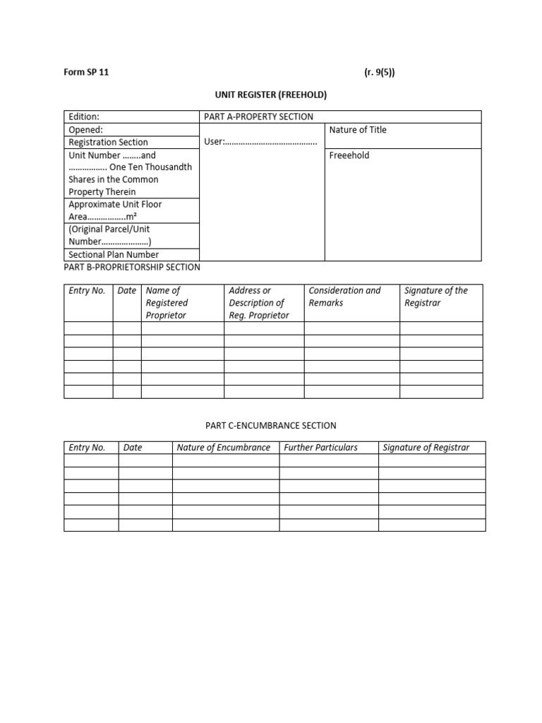 Form SP 11 Unit Register Freehold | PDF
