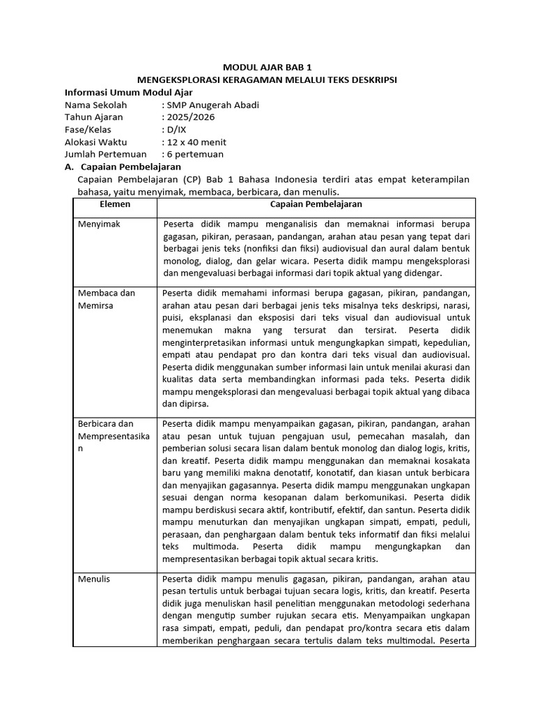 7.1 Modul Ajar Bab 1 - Bahasa Indonesia SMP Kelas IX Fix | PDF