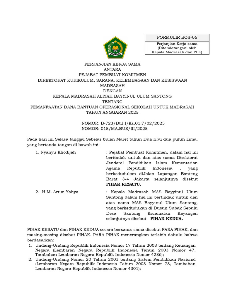 Perjanjian Kerja Sama BOS 2025 Madrasah | PDF