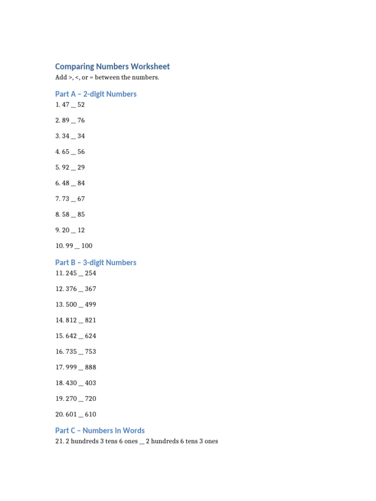 Comparing 2- and 3-Digit Numbers | PDF