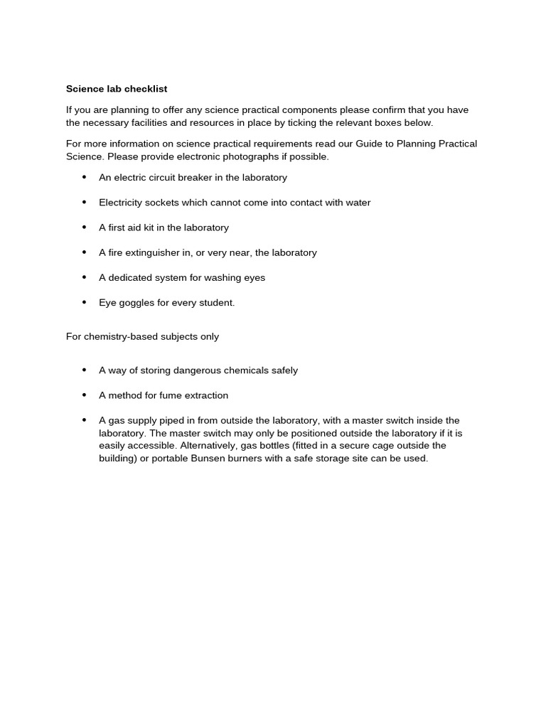 Essential Science Lab Safety Checklist | PDF