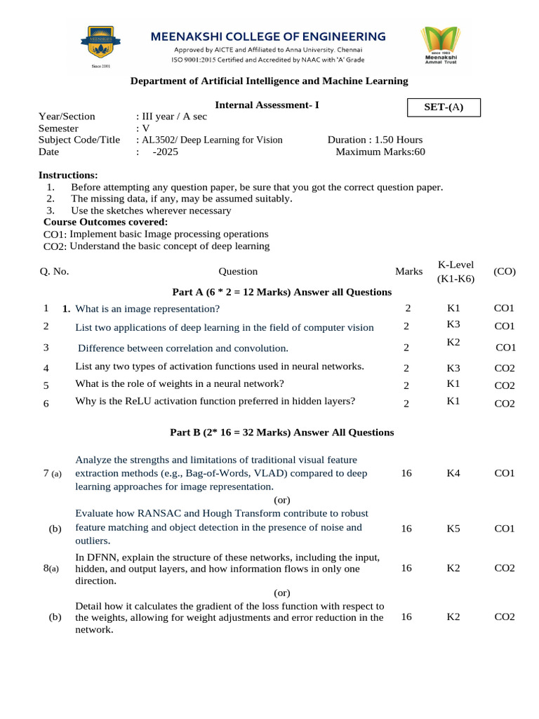 AL3502 Deep Learning for Vision Exam | PDF | Deep Learning | Computer ...