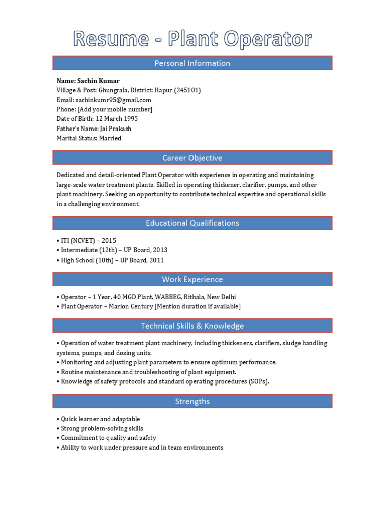 Sachin Kumar Plant Operator Resume | PDF