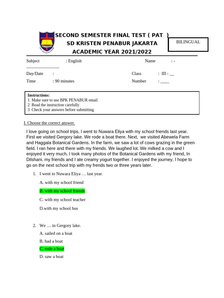 English Final Test for Grade III | PDF