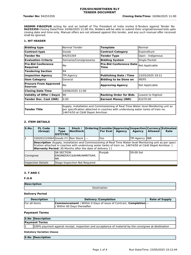 E-Tender for Water Level Monitoring Unit | PDF