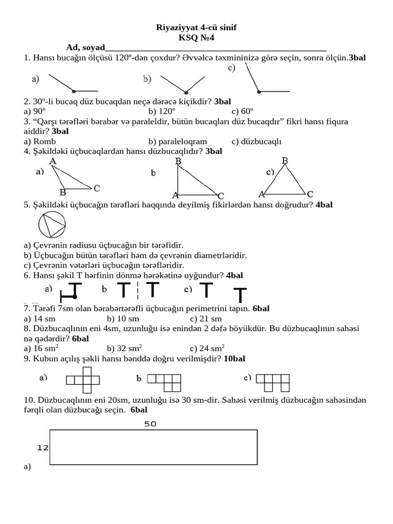 Riyaziyyat 4 Cu Sinif KSQ 4 | PDF