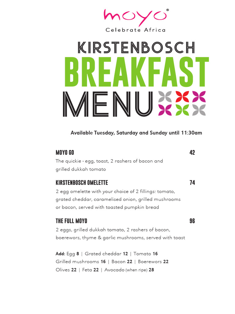 Moyo Kirstenbosch Breakfast Menu | PDF | Moroccan Cuisine | Hamburgers