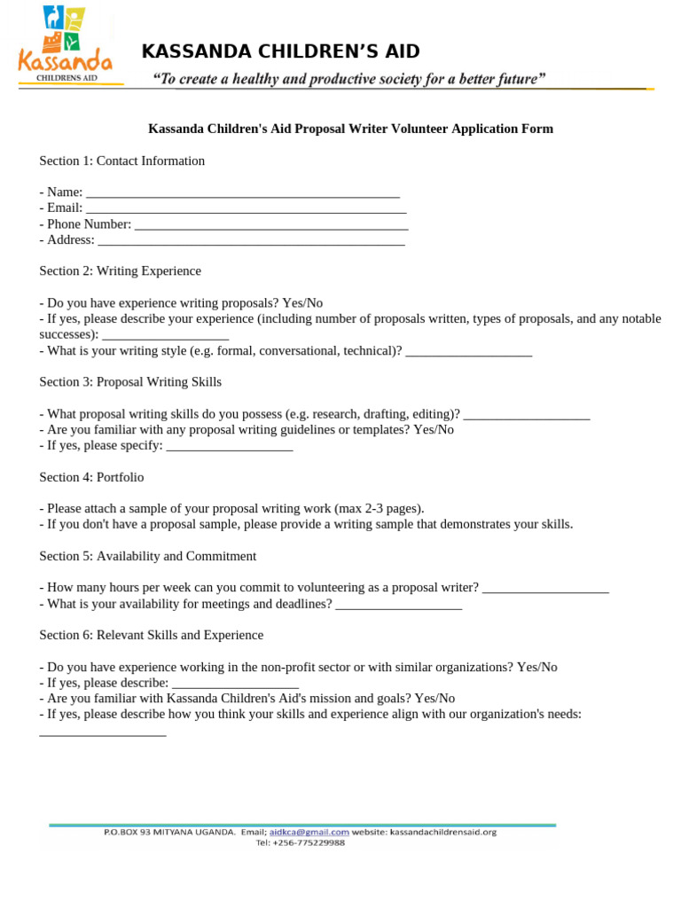 Proposal Writer Volunteer Application Form For KCA | PDF