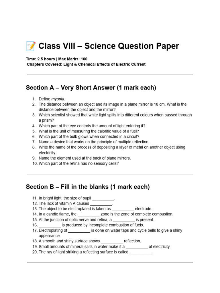 ? Class VIII - Science Question Paper 01 | PDF | Reflection (Physics ...