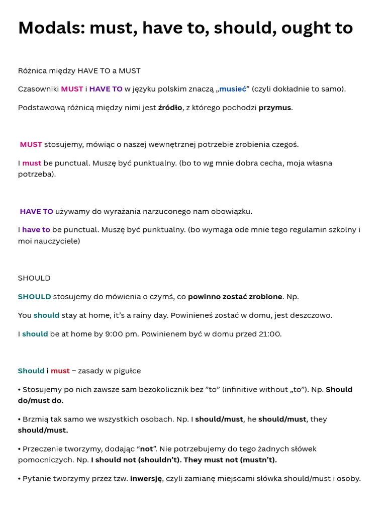 Modal Verbs (Obligation, Prohibition, Advice) - Must, Have To, Should ...