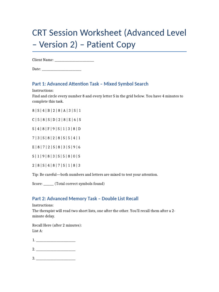 Advanced CRT Session Worksheet | PDF